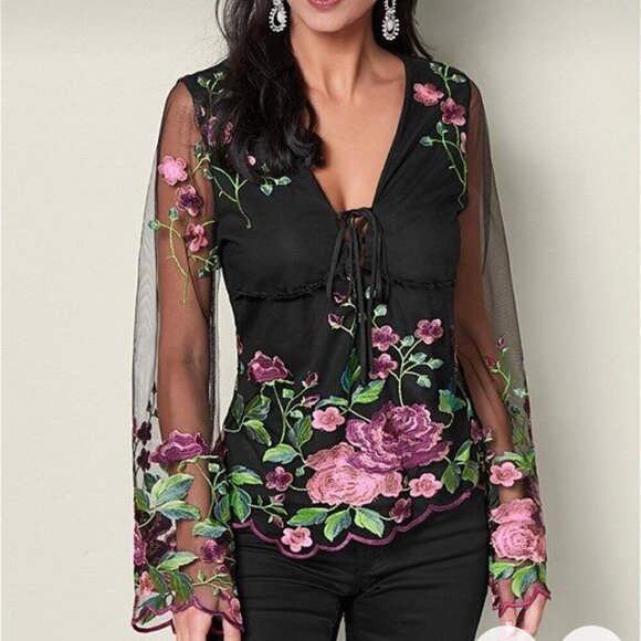 VENUS | Tops | Venus Black Floral Embroidered Mesh Blouse Size Medium ...